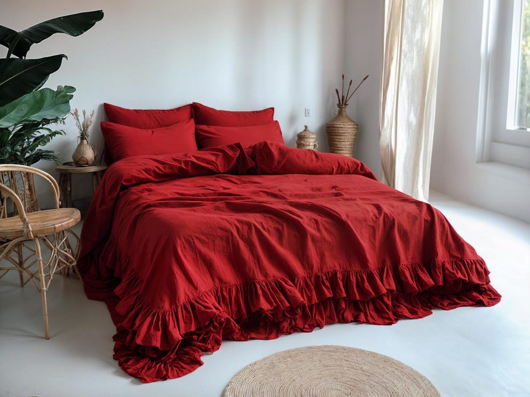 Maroon Linen Double Ruffled Duvet Cover 1 Duvet Cover Softened Linen ...