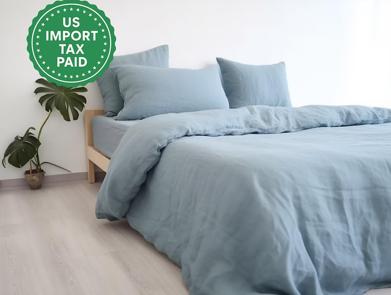 Dusty Blue Linen Bedding Set 1 Duvet Cover and 2 Pillowcases Softened ...