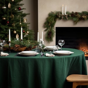 Forest Green Rectangle Linen Tablecloth Christmas Theme Round Square ...