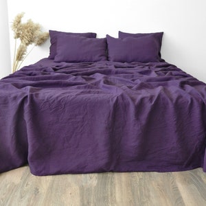 Deep Purple Linen Sheet Set 1 Flat Sheet and 1 Fitted Sheet and 2 ...