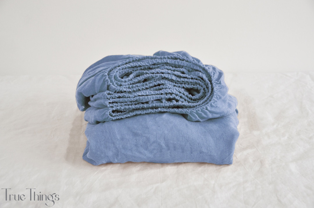 Cornflower Blue Linen Fitted Sheet 1 Fitted Sheet Softened Linen Sheet ...