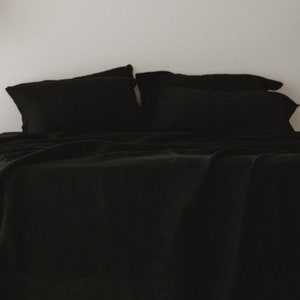 Black Linen Sheet Set 1 Flat Sheet and 1 Fitted Sheet and 2 Pillowcases ...
