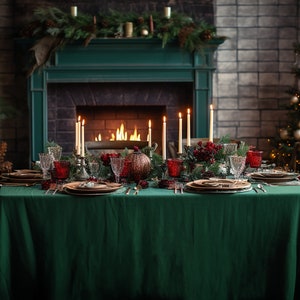 Forest Green Round Linen Tablecloth Christmas Theme Rectangle Square ...