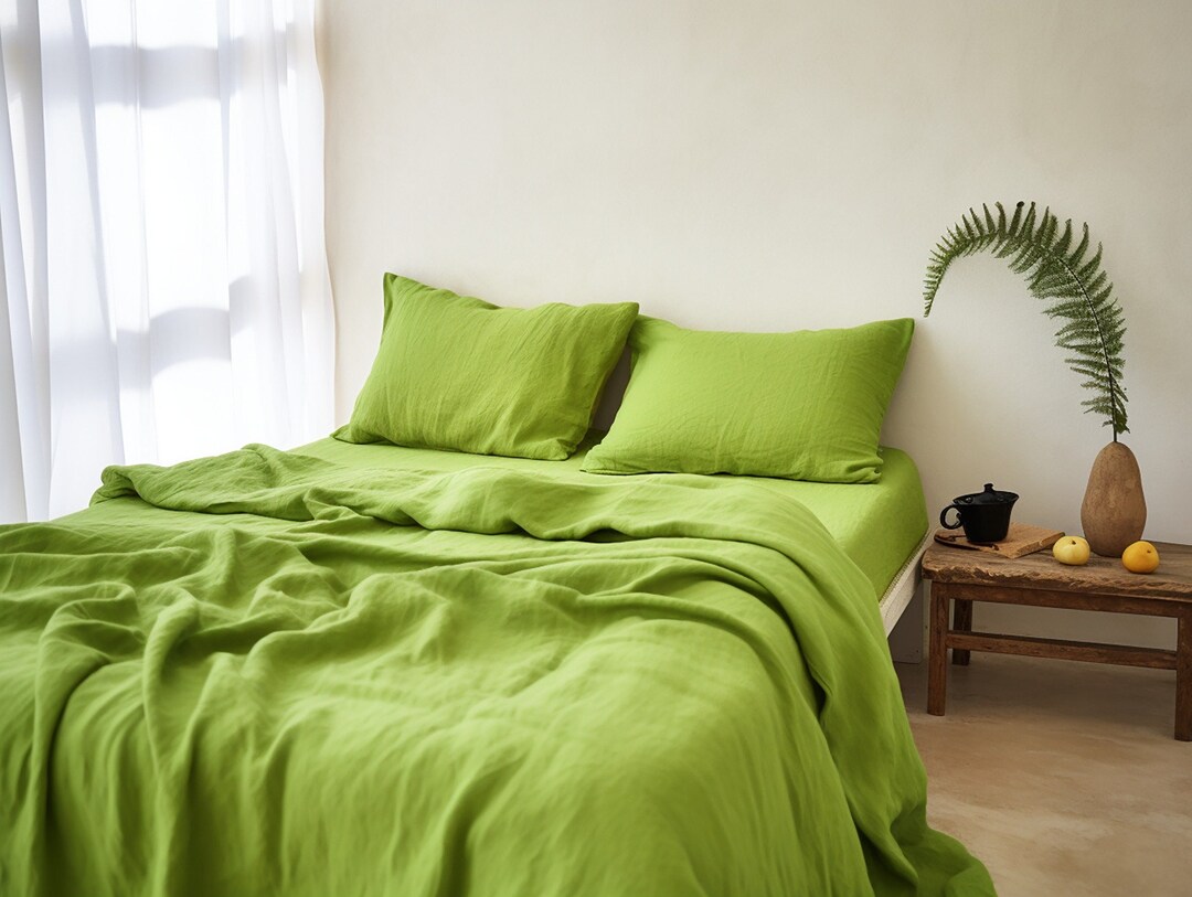 Chartreuse Green Linen Sheet Set 1 Flat Sheet and 1 Fitted Sheet and 2 ...