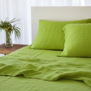 Chartreuse Green Linen Sheet Set 1 Flat Sheet and 1 Fitted Sheet and 2 ...