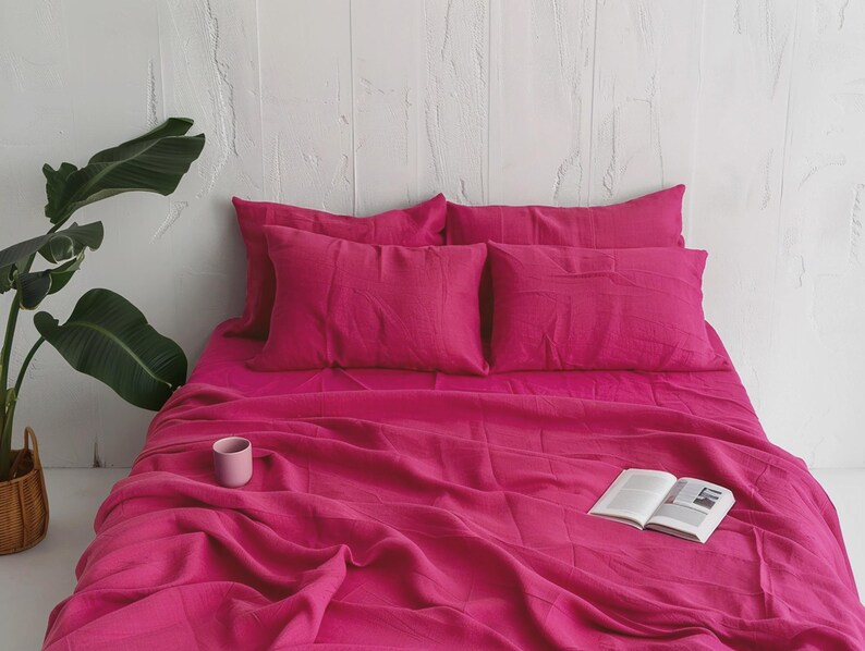 Fuchsia Linen Sheet Set 1 Flat Sheet and 1 Fitted Sheet and 2 ...