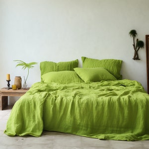 Chartreuse Green Linen Sheet Set 1 Flat Sheet and 1 Fitted Sheet and 2 ...