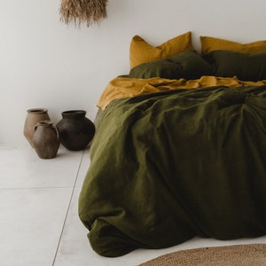 Dark Olive Linen Bedding Set 1 Duvet Cover and 2 Pillowcases in Dark ...