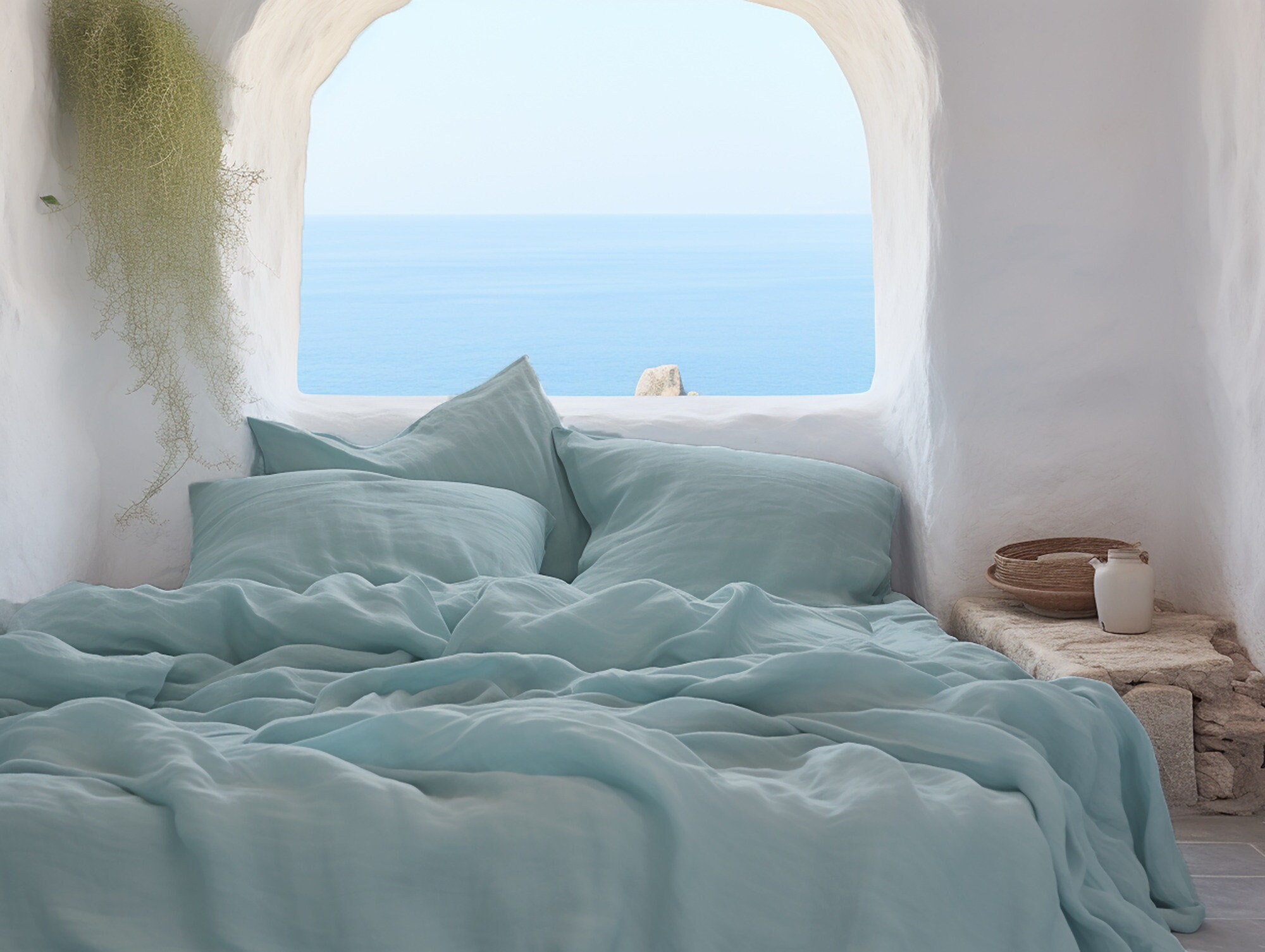 Sea Glass Linen Sheet Set 1 Flat Sheet and 1 Fitted Sheet and 2 ...