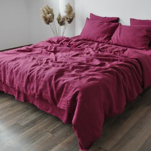 Raspberry Linen Bedding Set 1 Duvet Cover and 2 Pillowcases Softened ...