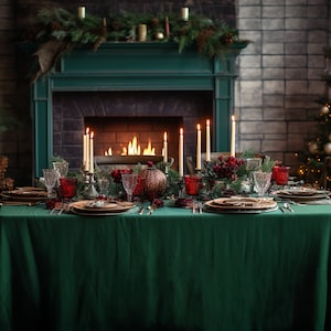 Forest Green Rectangle Linen Tablecloth Christmas Theme Round Square ...
