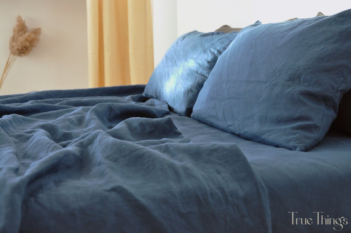 Ocean Blue Linen Sheet Set / 1 Flat Sheet 1 Fitted Sheet 2 - Etsy