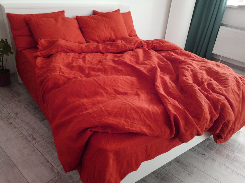 Scarlet red linen bedding set / 1 Duvet cover 2 Pillowcases | Etsy