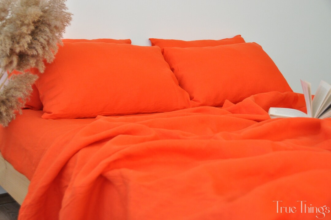 Bright Orange Linen Sheet Set 1 Flat Sheet and 1 Fitted Sheet and 2 ...