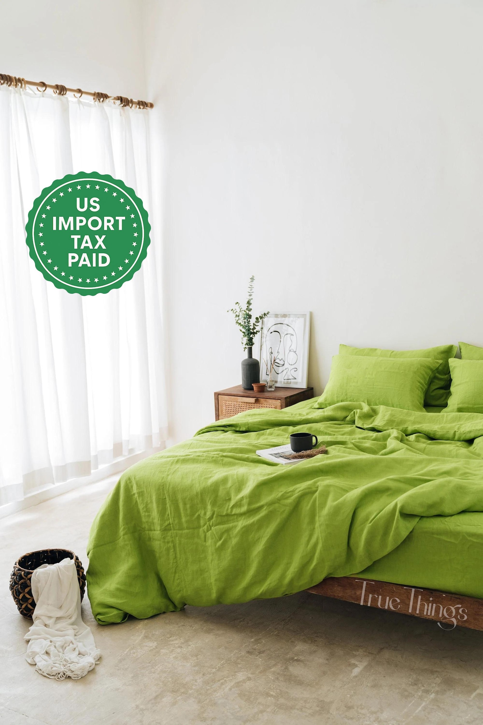 Chartreuse Green Linen Bedding Set 1 Duvet Cover and 2 Pillowcases ...