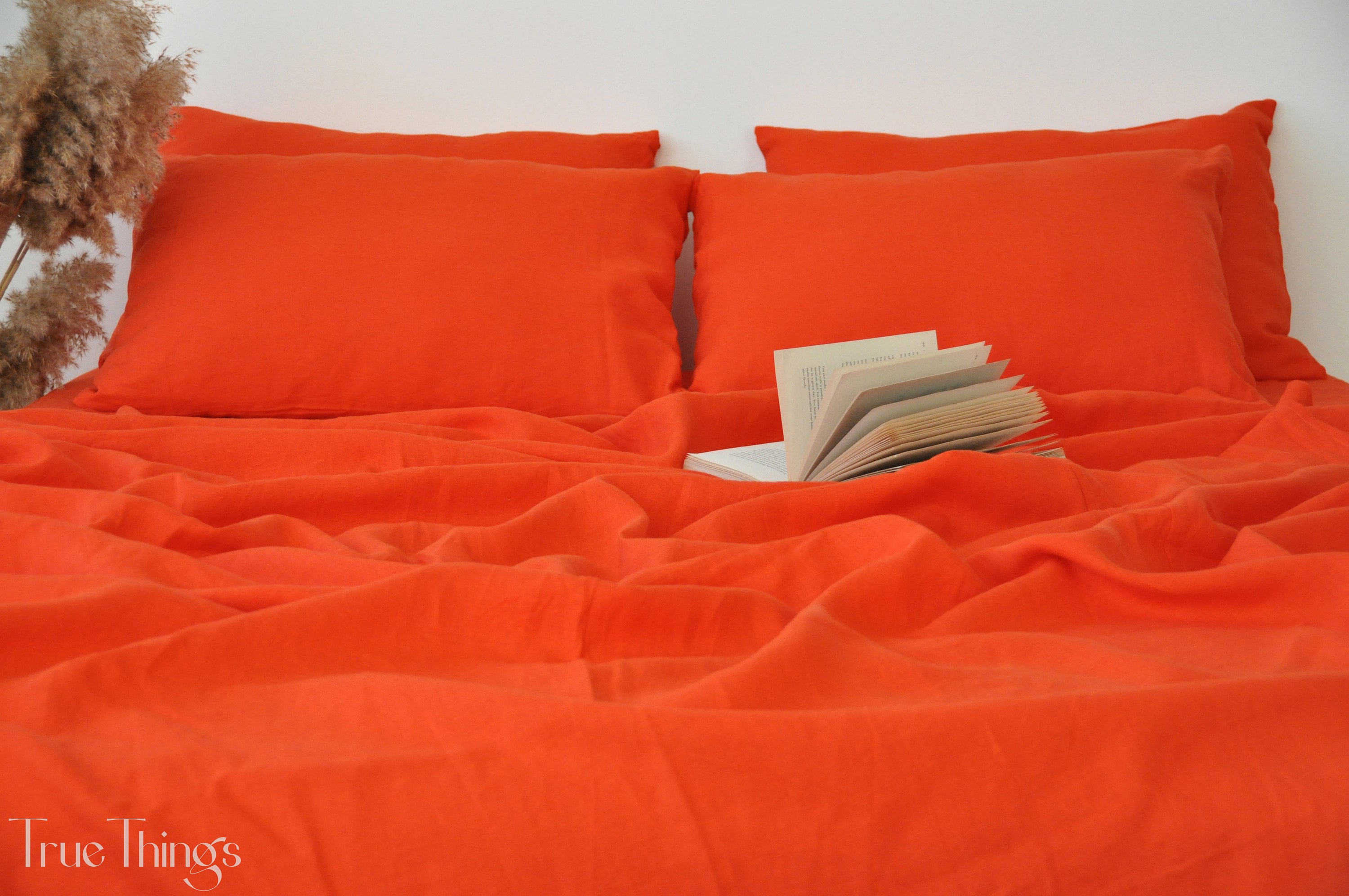 Bright Orange Linen Sheet Set 1 Flat Sheet and 1 Fitted Sheet and 2 ...