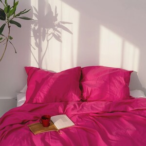 Fuchsia Linen Bedding Set 1 Duvet Cover and 2 Pillowcases Softened ...