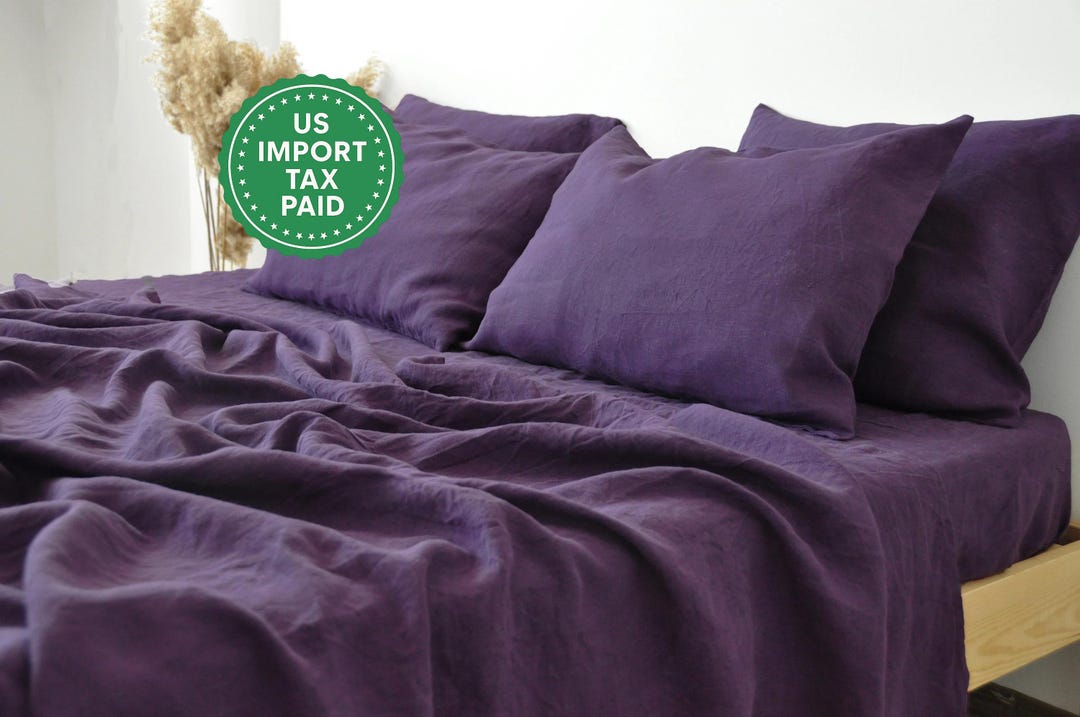 Deep Purple Linen Sheet Set 1 Flat Sheet and 1 Fitted Sheet and 2 ...