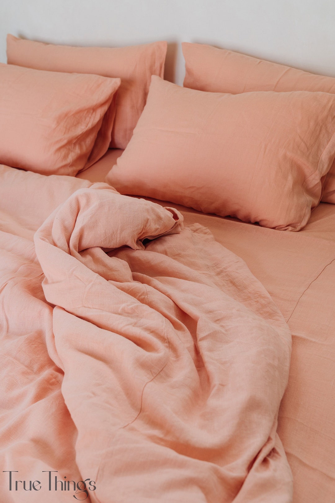 Peach Linen Bedding Set 1 Duvet Cover and 2 Pillowcases Softened Linen ...