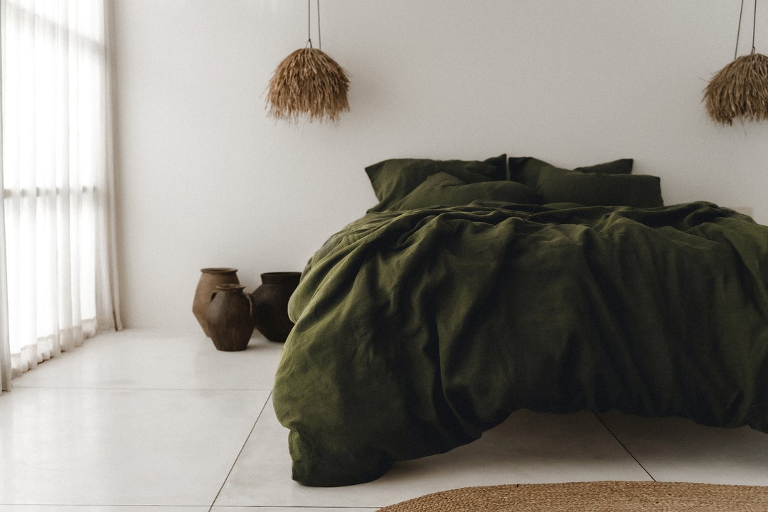 Dark Olive Linen Bedding Set 1 Duvet Cover and 2 Pillowcases in Dark ...