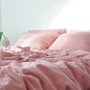 Rose Pink Linen Bedding Set 1 Duvet Cover and 2 Pillowcases Softened ...