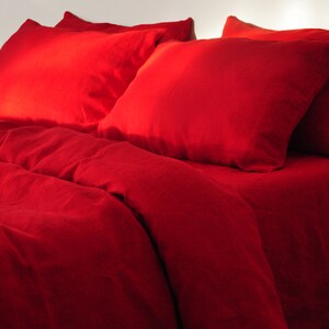 Scarlet Red Linen Bedding Set 1 Duvet Cover and 2 Pillowcases Softened ...