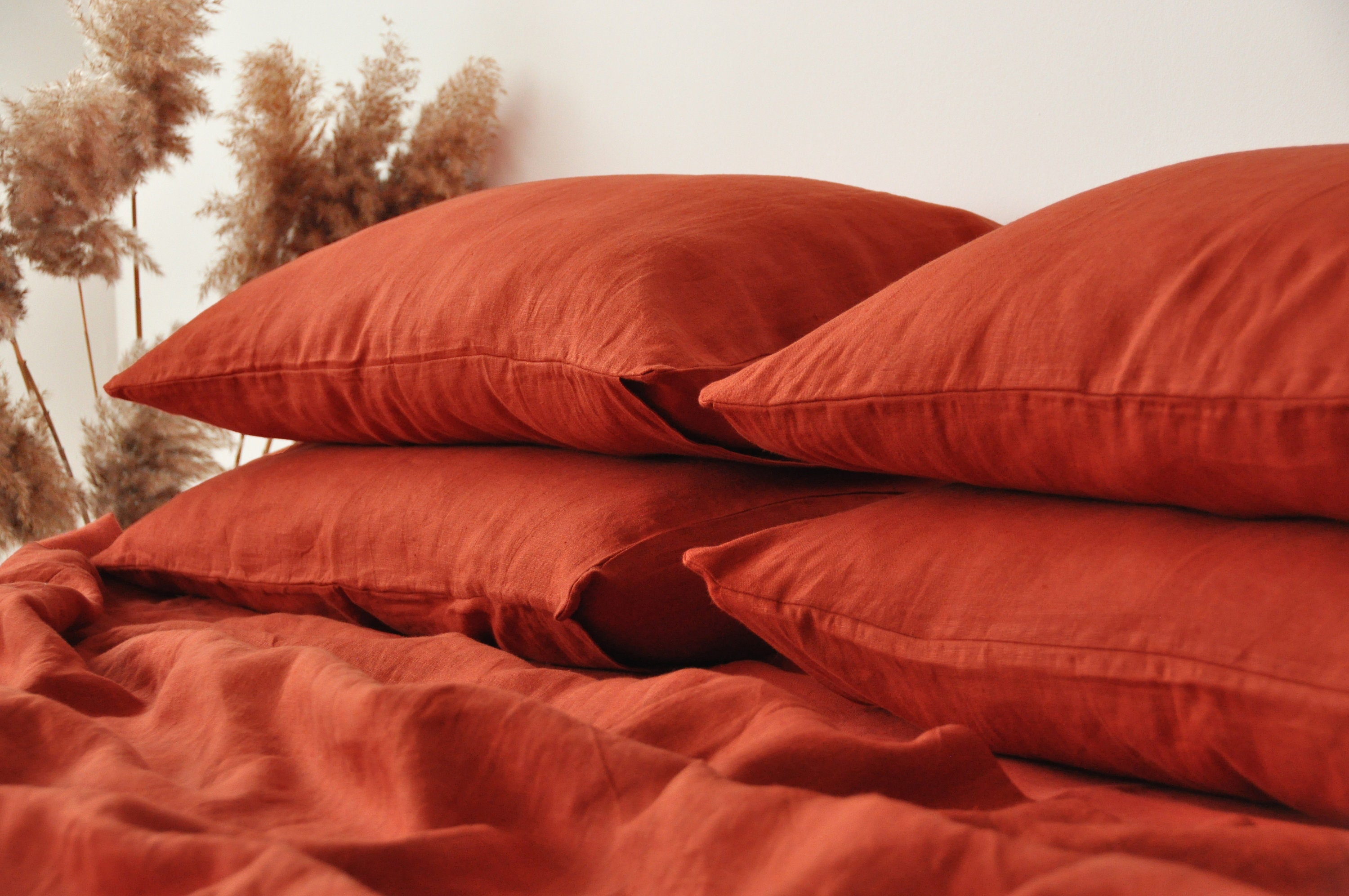 Terracotta Linen Sheet Set 1 Flat Sheet and 1 Fitted Sheet and 2 ...