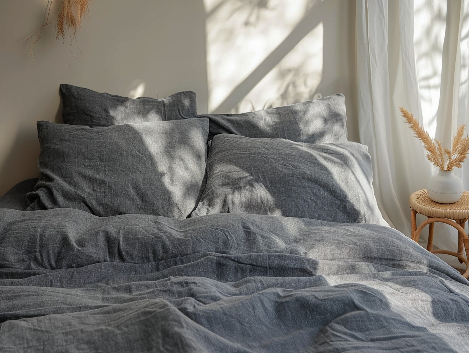Dark Gray Melange Linen Bedding Set Duvet Cover and 2 Pillowcases in ...
