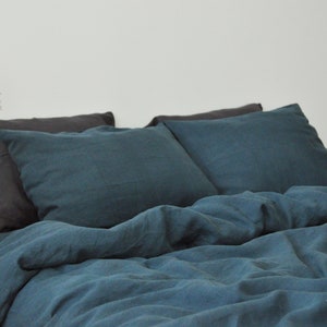 Charcoal Teal Linen Bedding Set 1 Duvet Cover and 2 Pillowcases ...