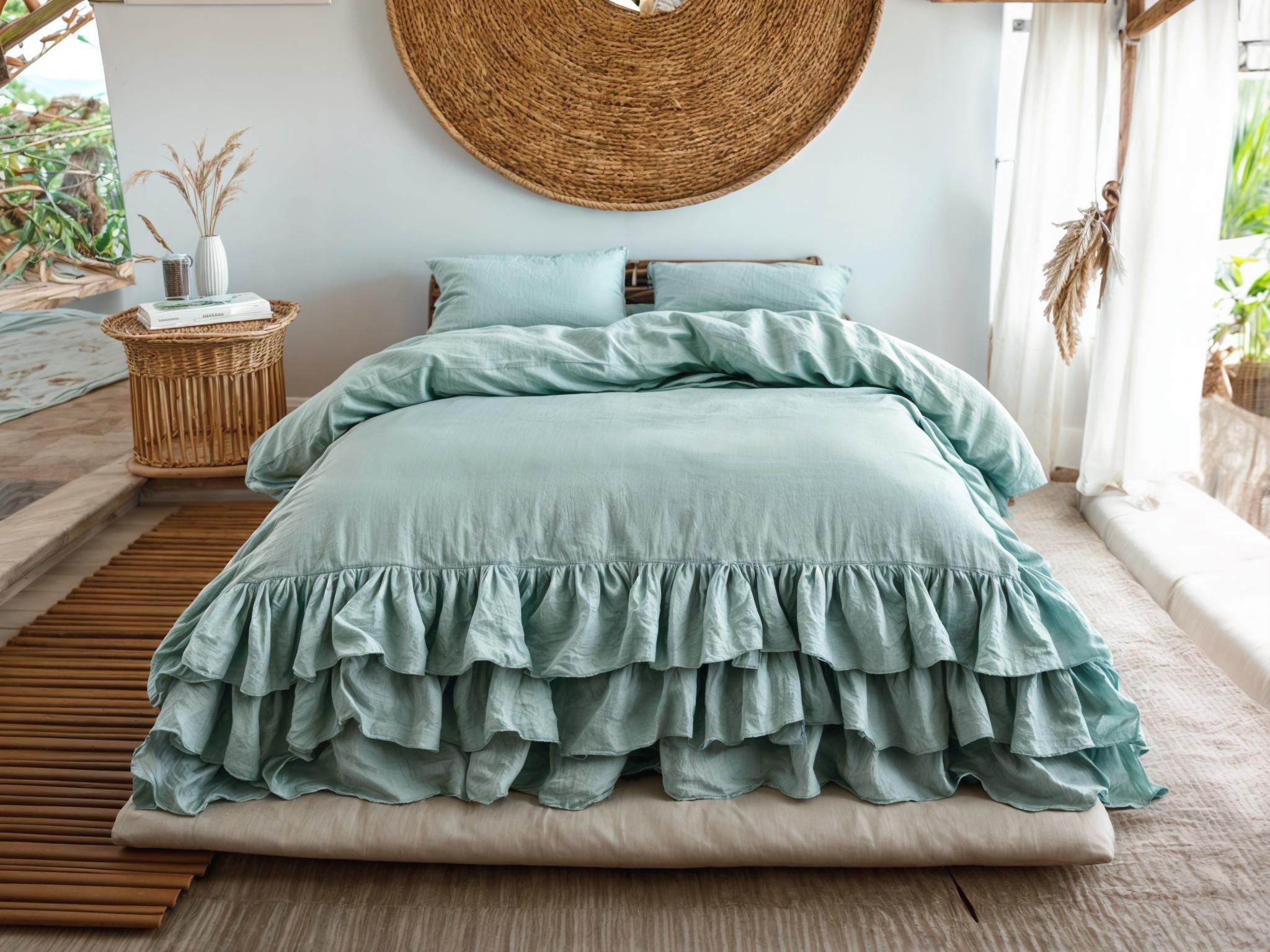 Sea Glass Linen Triple Ruffled Bedding Set Duvet Cover and 2 ...