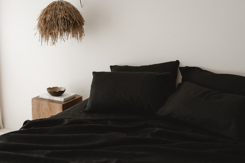 Black Linen Sheet Set 1 Flat Sheet and 1 Fitted Sheet and 2 Pillowcases ...