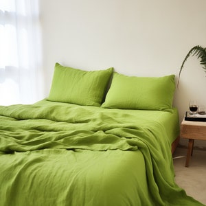 Chartreuse Green Linen Sheet Set 1 Flat Sheet and 1 Fitted Sheet and 2 ...