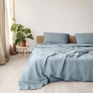 Dusty Blue Linen Sheet Set 1 Flat Sheet and 1 Fitted Sheet and 2 ...