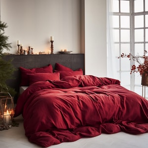 Christmas Maroon Linen Bedding Set 1 Duvet Cover and 2 Pillowcases Red ...