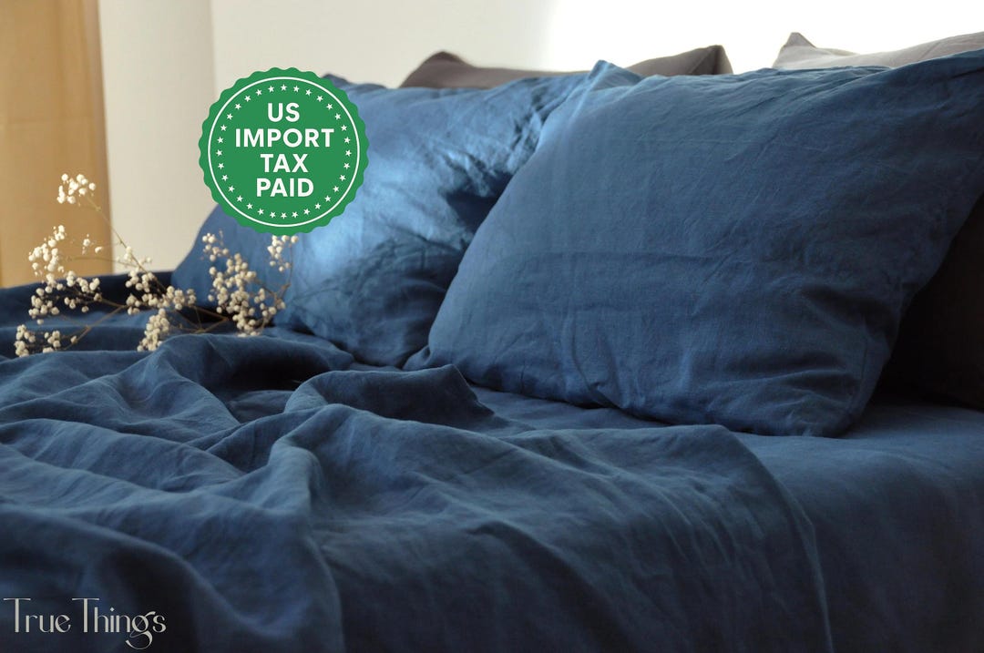 Ocean Blue Linen Sheet Set 1 Flat Sheet and 1 Fitted Sheet and 2 ...