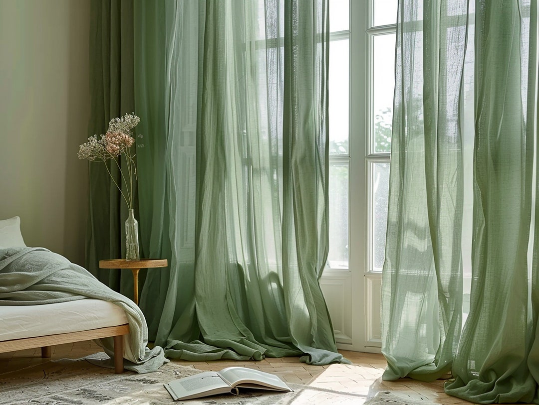Sage Green Regular and Blackout Linen Curtains 2 Panels Unlined Cotton Blackout Lining Medium Weight Linen Custom Size Etsy
