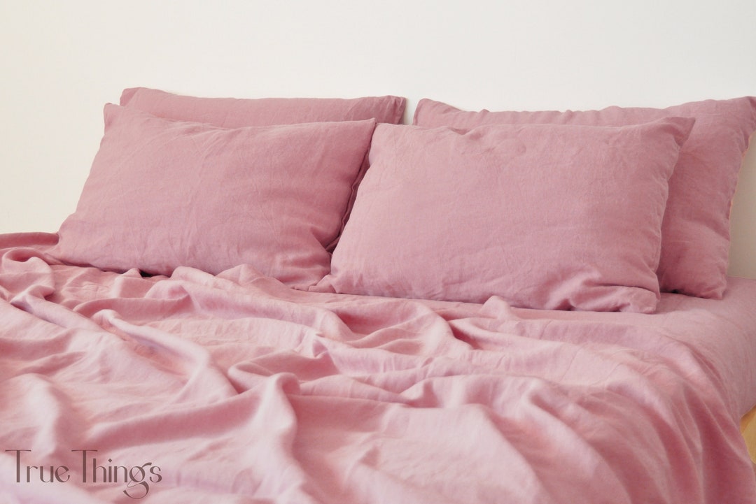 Rose Pink Linen Sheet Set 1 Flat Sheet and 1 Fitted Sheet and 2 ...
