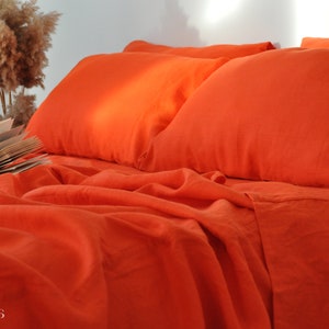 Bright Orange Linen Sheet Set 1 Flat Sheet and 1 Fitted Sheet and 2 ...