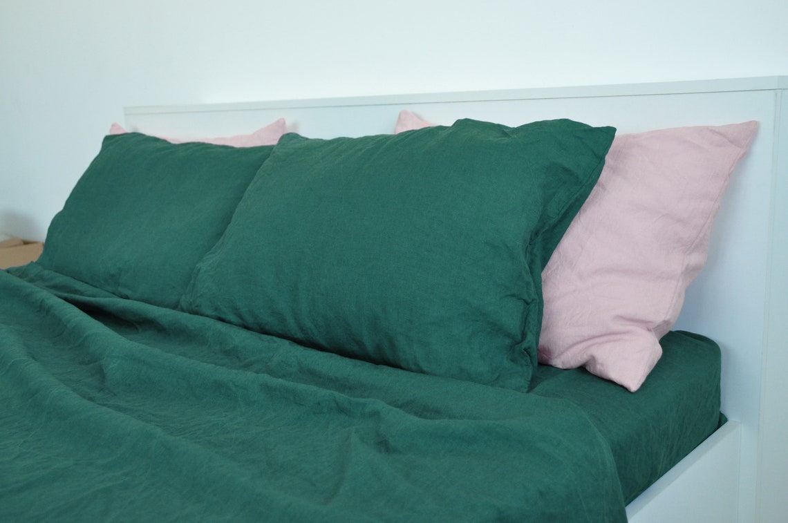 Forest green linen sheet set / 1 flat sheet 1 fitted sheet | Etsy