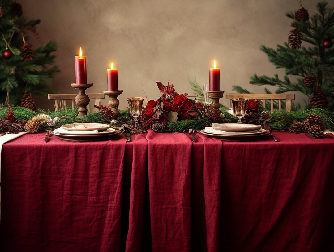 Maroon Rectangle Linen Tablecloth Christmas Theme Round Square ...