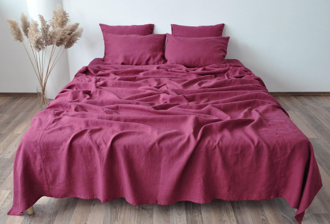 Raspberry Linen Sheet Set 1 Flat Sheet and 1 Fitted Sheet and 2 ...