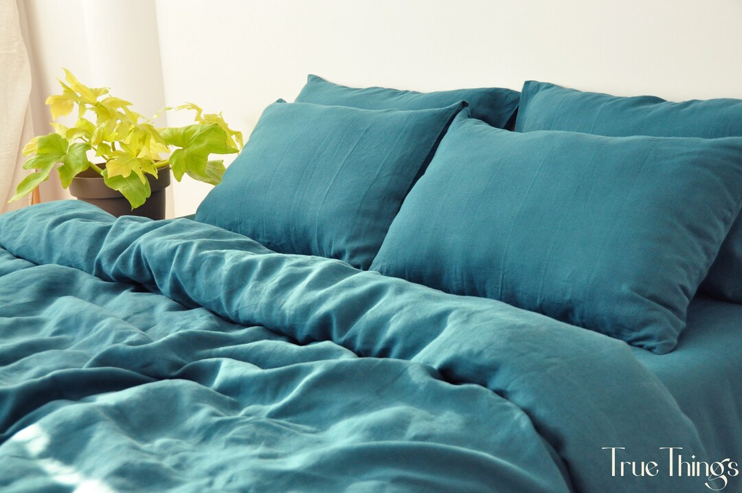 Teal Linen Bedding Set 1 Duvet Cover and 2 Pillowcases Softened Linen ...