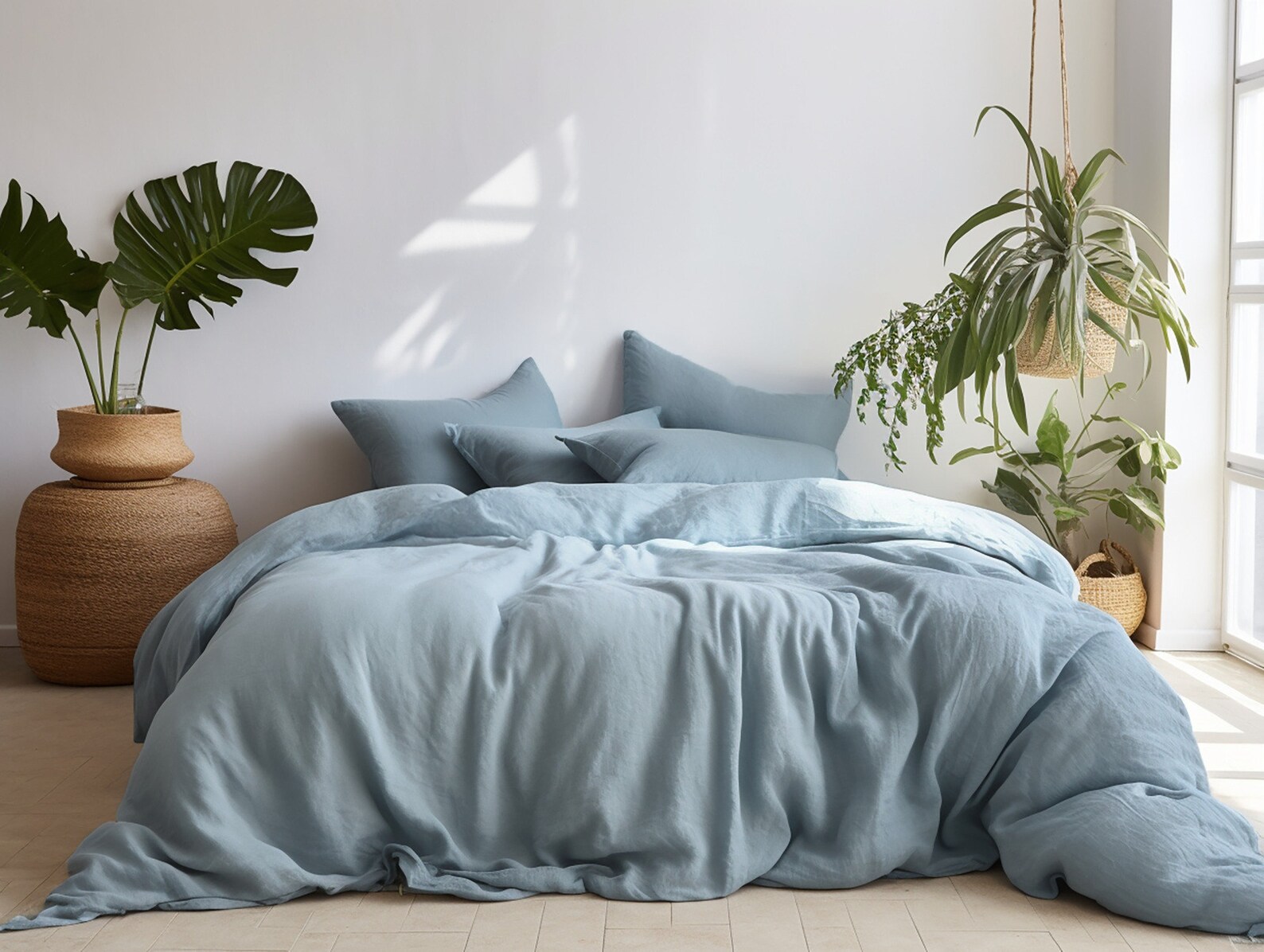 Dusty Blue Linen Bedding Set 1 Duvet Cover and 2 Pillowcases Softened ...