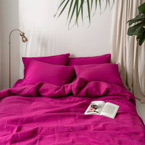 Fuchsia Linen Bedding Set 1 Duvet Cover and 2 Pillowcases Softened ...