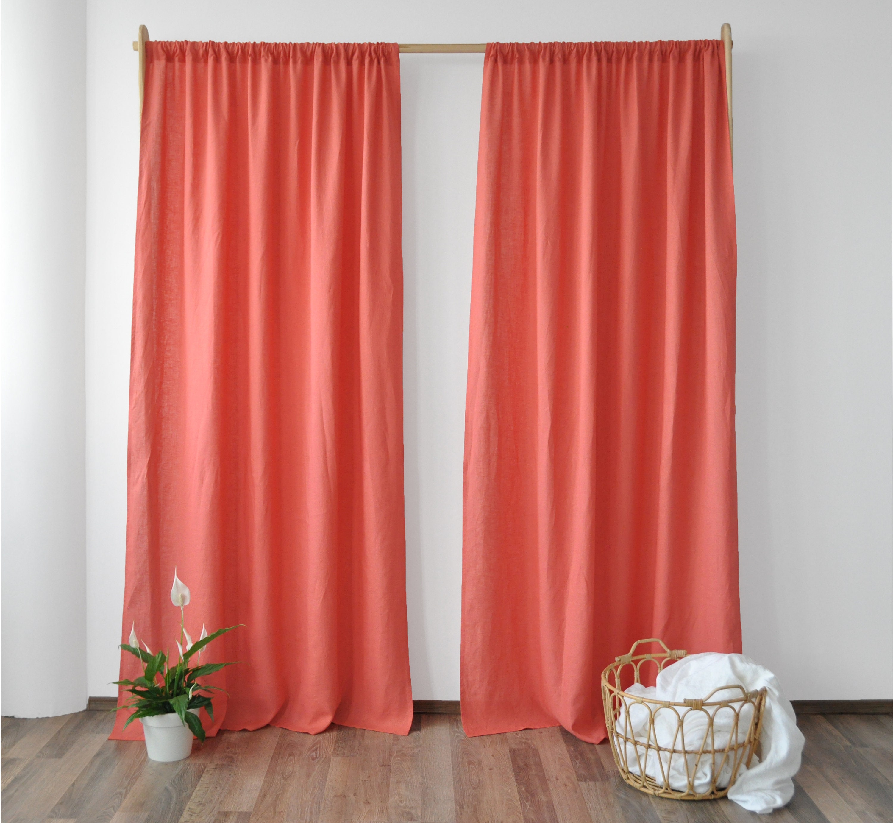 Coral linen curtains / 2 panels / Stonewashed linen curtains / | Etsy