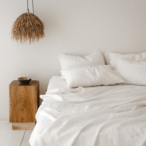 White Linen Sheet Set 1 Flat Sheet and 1 Fitted Sheet and 2 Pillowcases ...