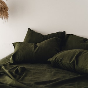 Dark Olive Linen Sheet Set 1 Flat Sheet and 1 Fitted Sheet and 2 ...