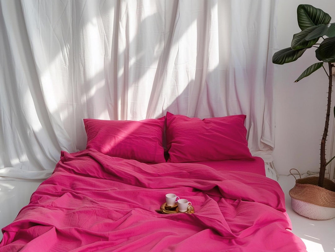 Fuchsia Linen Sheet Set 1 Flat Sheet and 1 Fitted Sheet and 2 ...