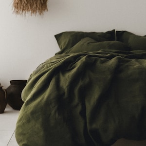 Dark Olive Linen Bedding Set 1 Duvet Cover and 2 Pillowcases in Dark ...