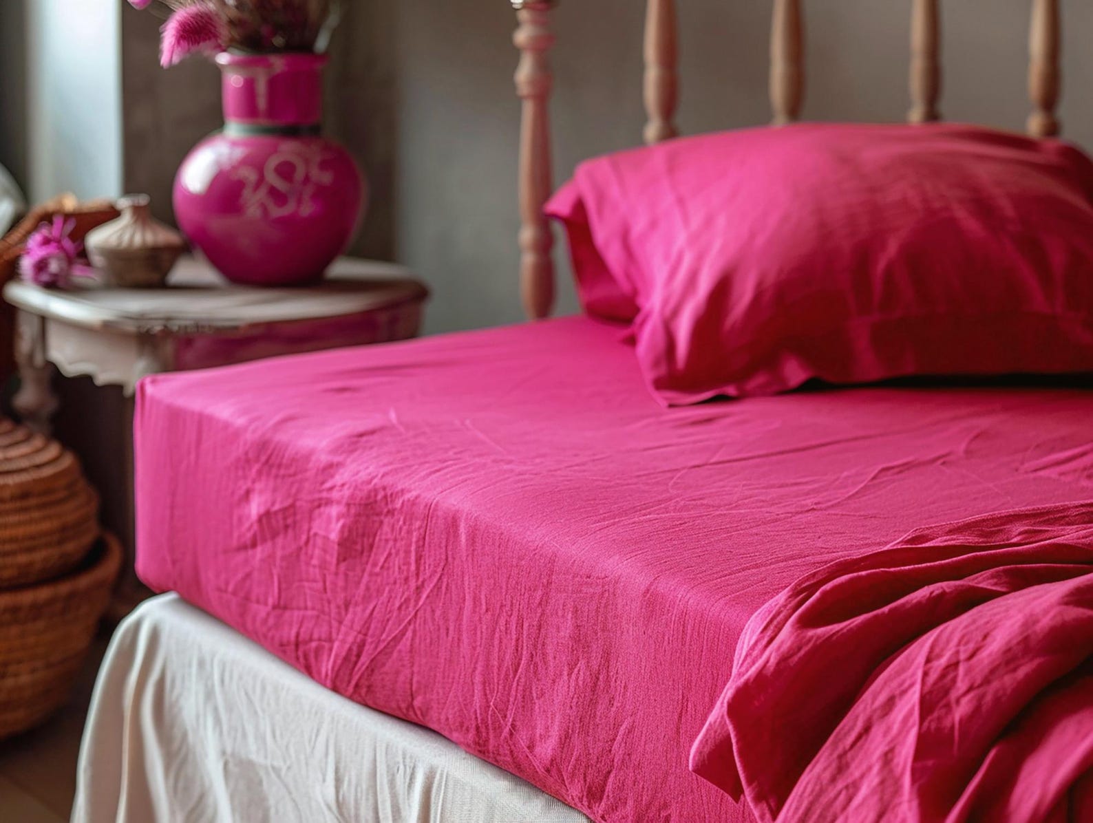 Fuchsia Linen Sheet Set 1 Flat Sheet and 1 Fitted Sheet and 2 ...